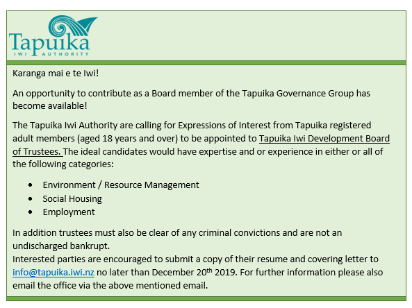An opportunity to contribute as a Tapuika Development Trust Board ...