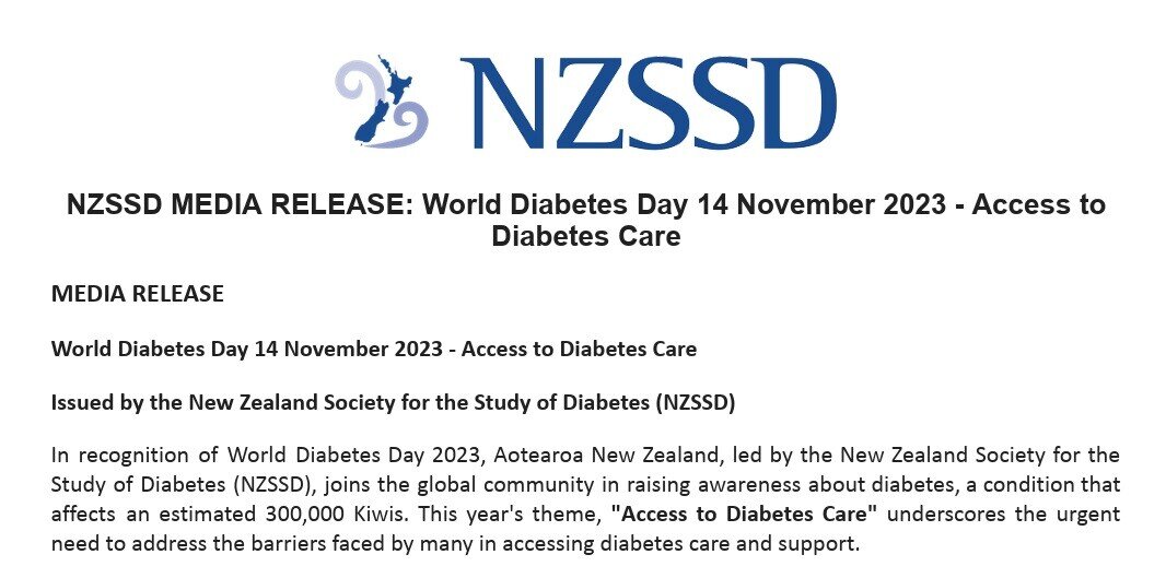 Media Release from NZSSD for World Diabetes Day 2023