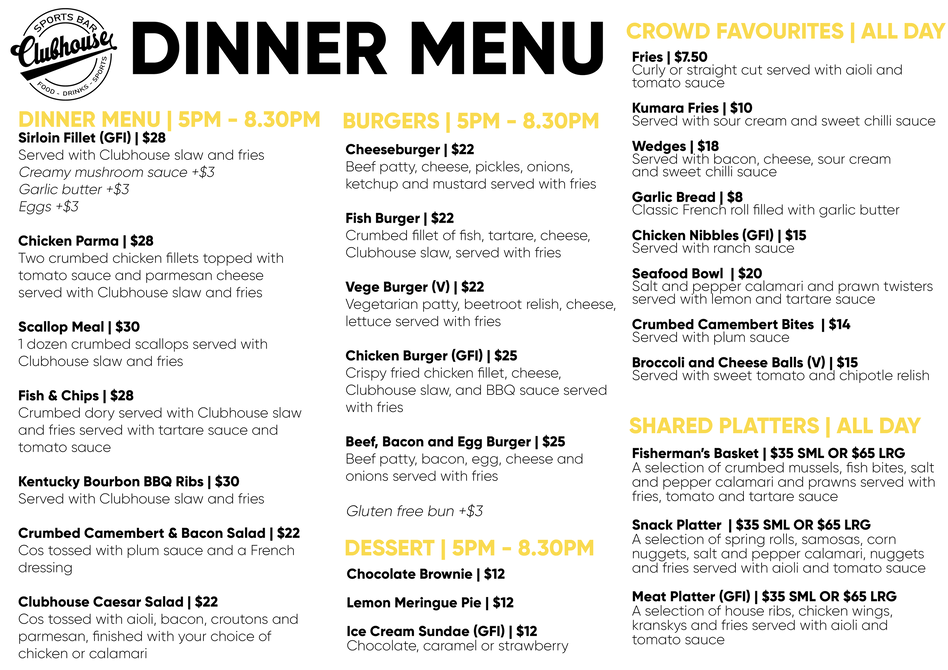 MENU | Clubhouse Sports Bar Cambridge