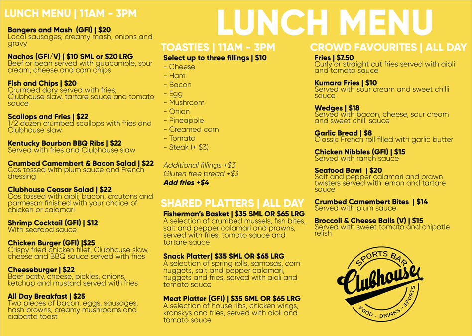 MENU | Clubhouse Sports Bar Cambridge