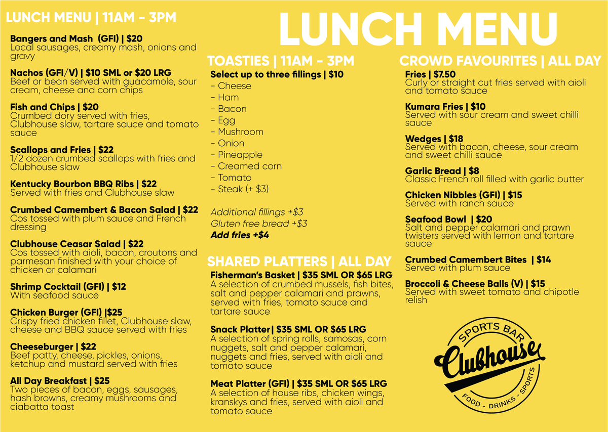 MENU | Clubhouse Sports Bar Cambridge