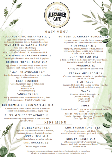 Menu South Auckland | The Alexander Cafe