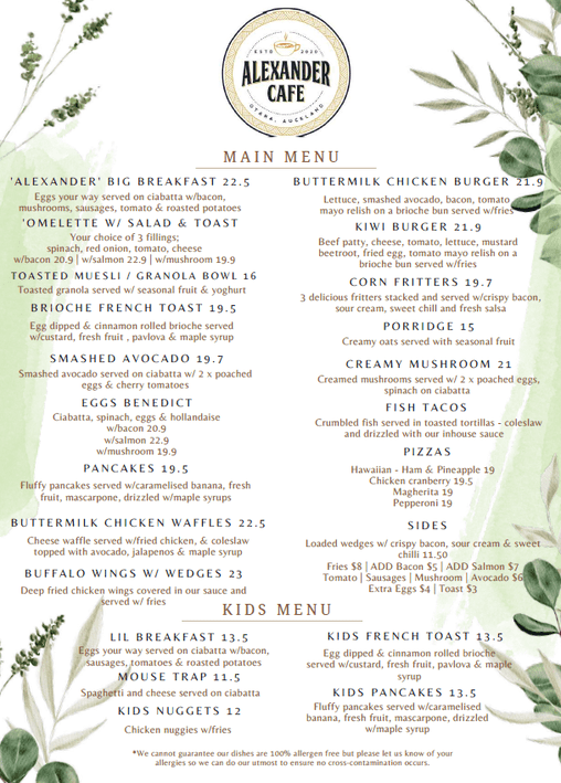 Menu South Auckland | The Alexander Cafe