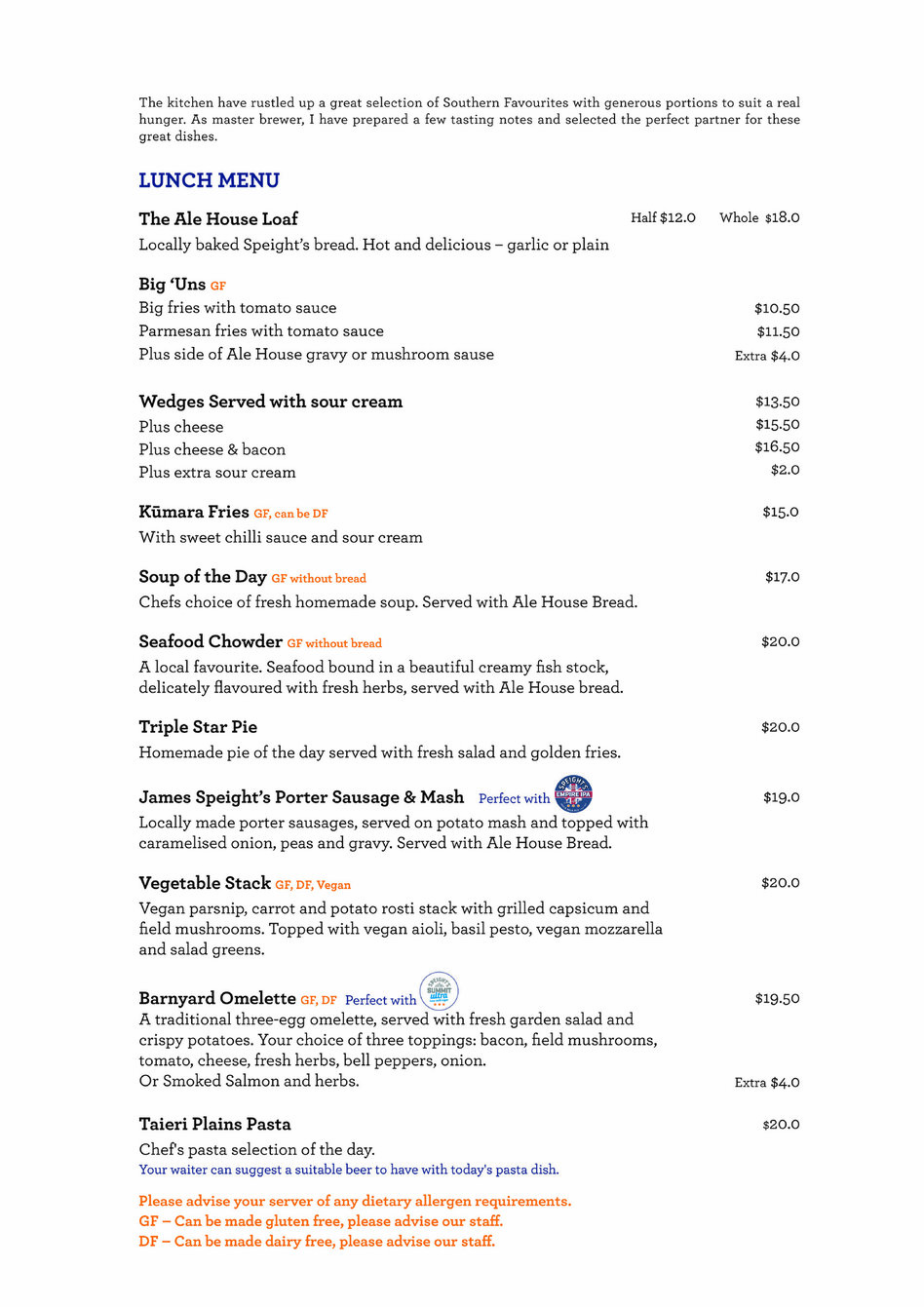 Lunch Menu | The Speight's Ale House Dunedin