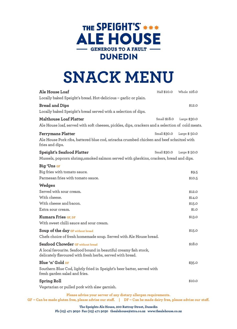 Snack Menu | The Speight's Ale House Dunedin