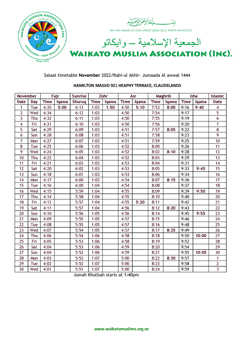 Hamilton Prayer Times Released for November 2022 | Waikato Muslim ...